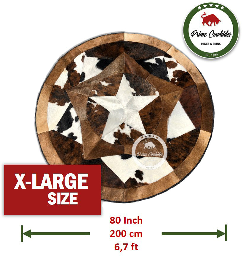 Round Cowhide Rug Tricolor Multi Star 60" - 80" ( 5 ft - 6.7ft ...